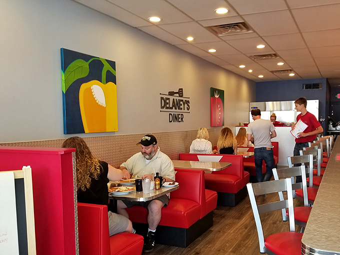 Bright vegetable artwork watches over diners enjoying their meals&mdash;a colorful reminder of ingredients that might be hiding in your omelet.