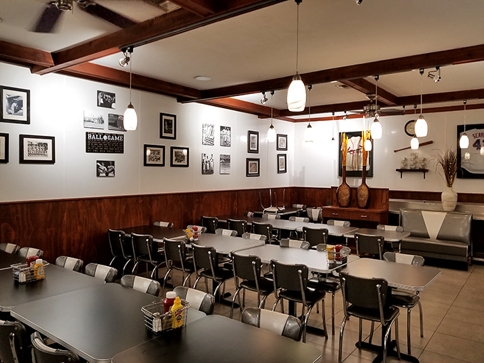 The dining room where strangers become neighbors over plates of comfort food. Those black and white photos tell Jupiter's story while you create your own.