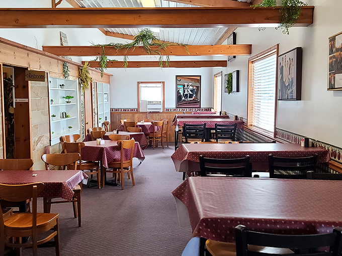 Tables dressed in burgundy cloths await your food pilgrimage. The exposed beam ceiling adds rustic charm without trying too hard&mdash;unlike most "farm-to-table" places. 