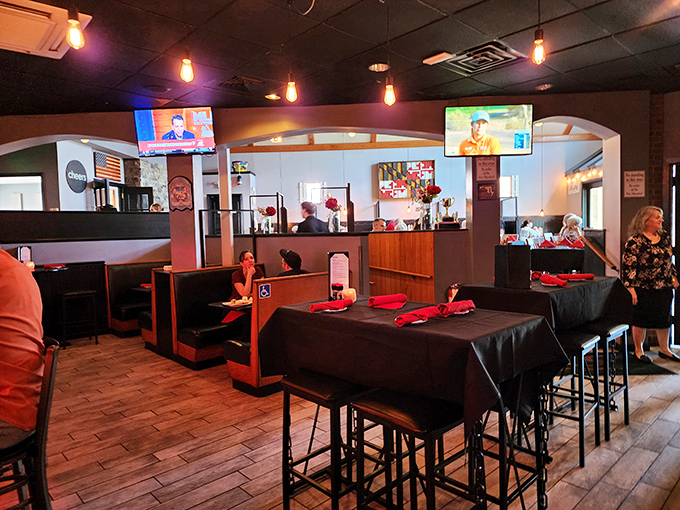 Black tablecloths, burgundy napkins, and wooden chairs&mdash;casual elegance that says "special" without shouting it. 