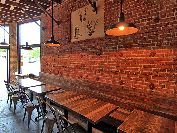 Rustic wooden tables against brick walls&mdash;simple furnishings that know their role is to spotlight the food, not compete with it.