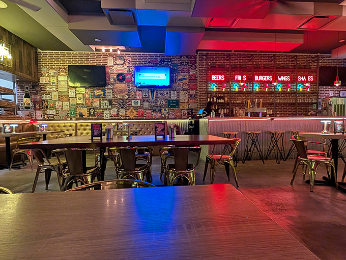 Evening at Burgermeister transforms the space into a moody haven of red and blue lights&mdash;dinner and a light show included.