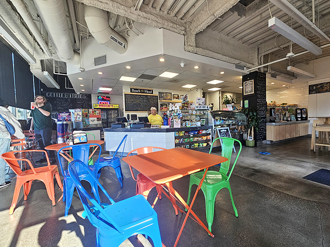 Colorful chairs invite you to stay awhile&mdash;a rainbow of seating options that say "your sandwich deserves proper attention."