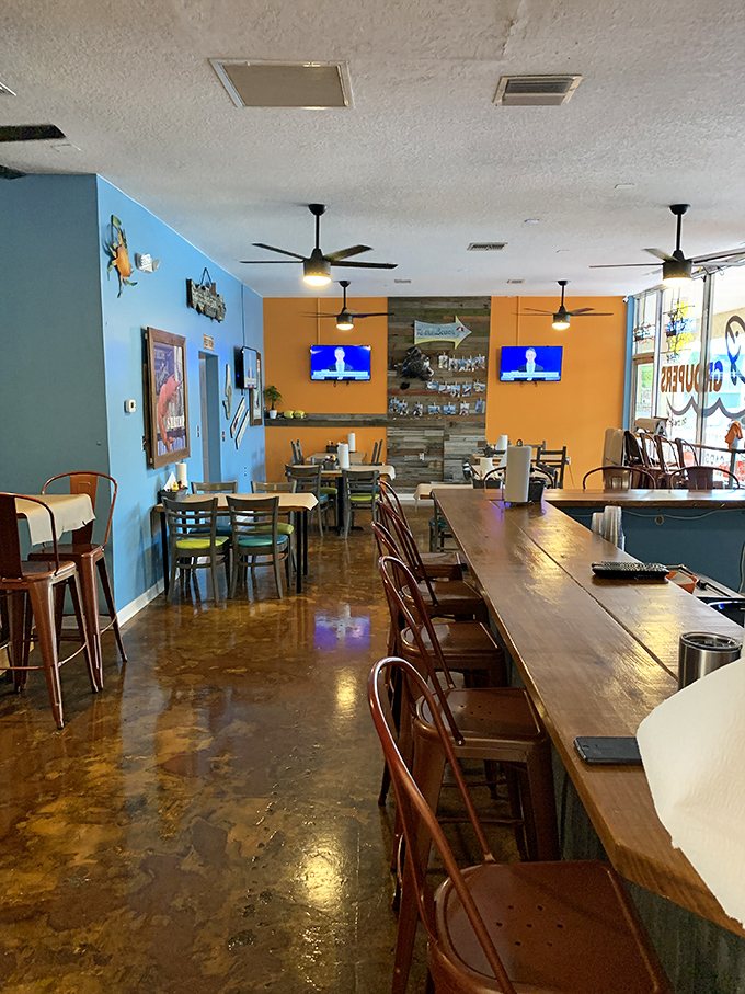 The dining room's polished concrete floors and casual seating say, "Stay awhile, order another round, and forget you have anywhere else to be."