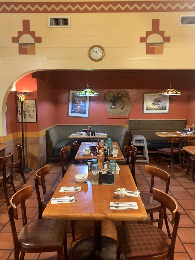 Terra cotta tiles and adobe-inspired arches - dining in the warm embrace of authentic Southwestern architecture and morning light.