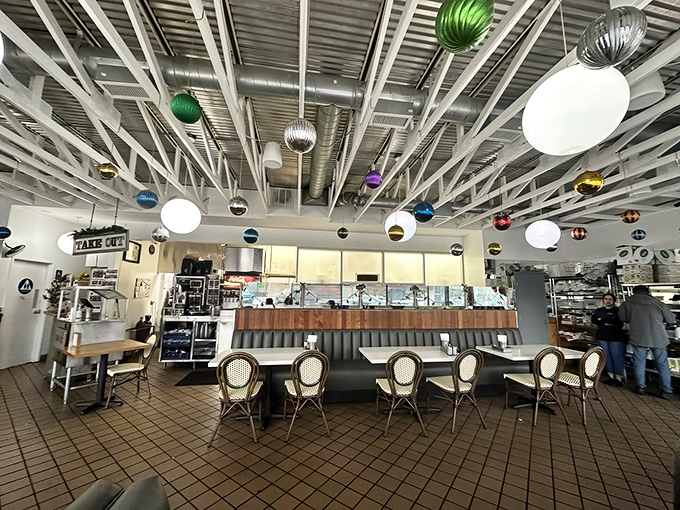 Woven bistro chairs add a touch of European caf&eacute; charm to this classic American diner experience&mdash;the breakfast equivalent of diplomatic relations.