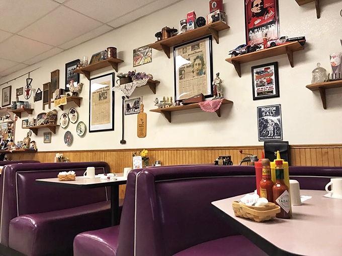 Booth seating decorated with enough personality to fill a small antique shop, and twice as charming to sit in.