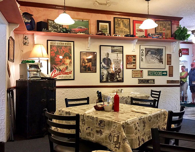 Movie posters and memorabilia create a museum-like dining atmosphere where Bogart might have enjoyed a burger if he'd been lucky enough to stop by.