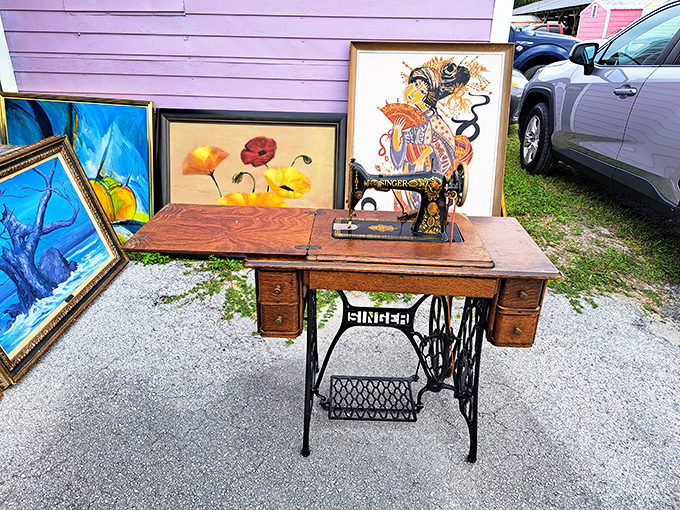 That Singer sewing machine has seen more fashion trends than Anna Wintour. Surrounded by art that ranges from "museum-worthy" to "perfectly matches my couch."