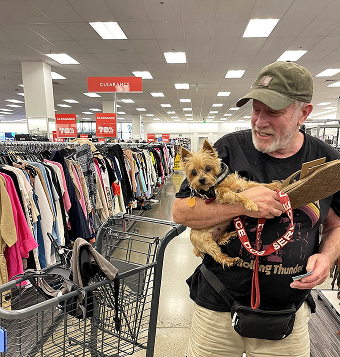 Man's best friend joins the bargain hunt! Even four-legged shopping companions appreciate the thrill of 70% off clearance racks.
