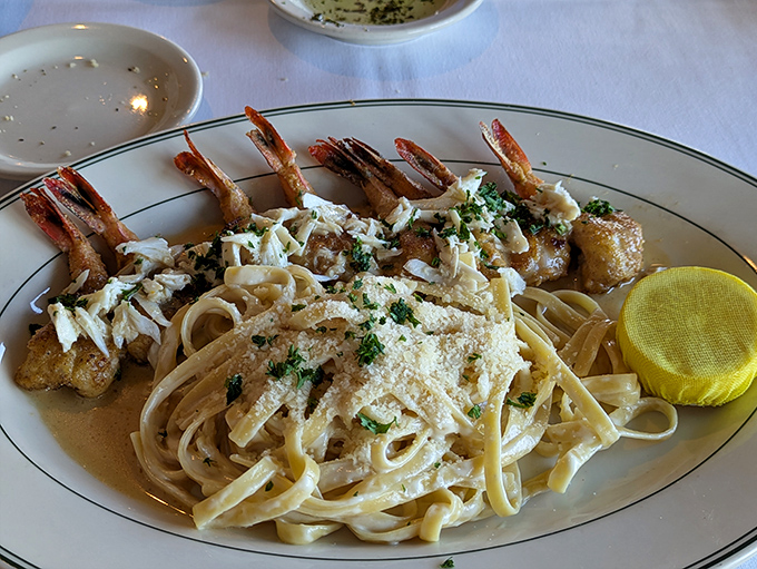 Shrimp fettuccine that makes you question why you ever eat anything else. Those perfectly cooked crustaceans are the stars of this pasta show.