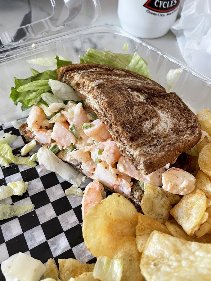 A shrimp salad sandwich that's giving the crab cake some serious competition. Paired with those chips, it's the lunch of champions.