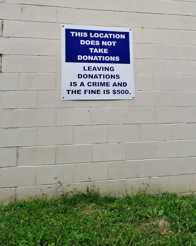 The sign that launched a thousand disappointed donation attempts. A stern reminder that even thrift stores have boundaries and operating procedures.