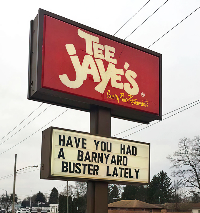 Have you had a Barnyard Buster lately? asks the sign. Your arteries say no, but your taste buds are already in the car.