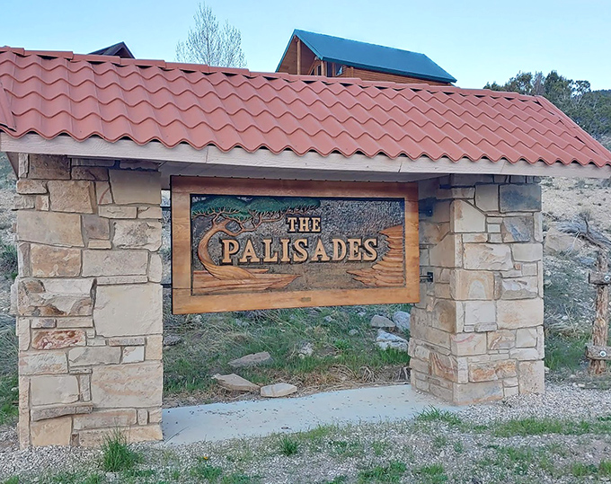 "The Palisades" entrance marker&mdash;where countless family photos have been taken and countless kids have asked, "Can we go to the lake now?"