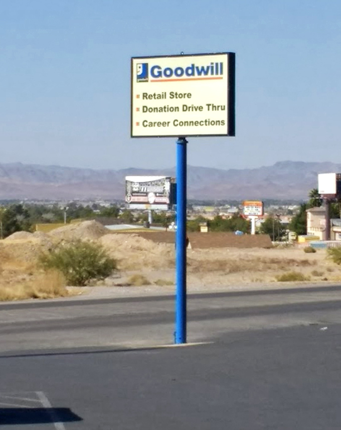 Desert mountains frame the Goodwill sign like a painting, reminding shoppers that beauty and bargains coexist in Pahrump.