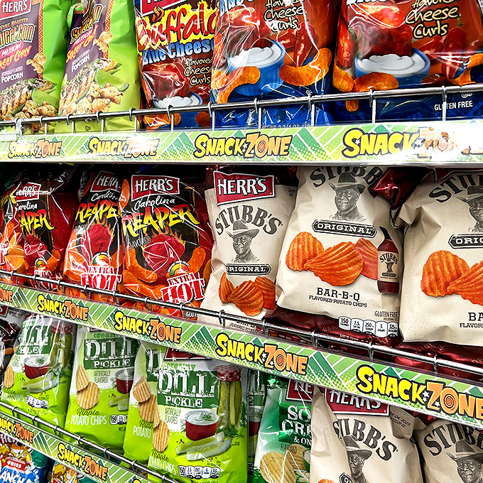 Snack zone loaded with familiar favorites, proving happiness doesn't always require gourmet price tags or pretentious packaging.