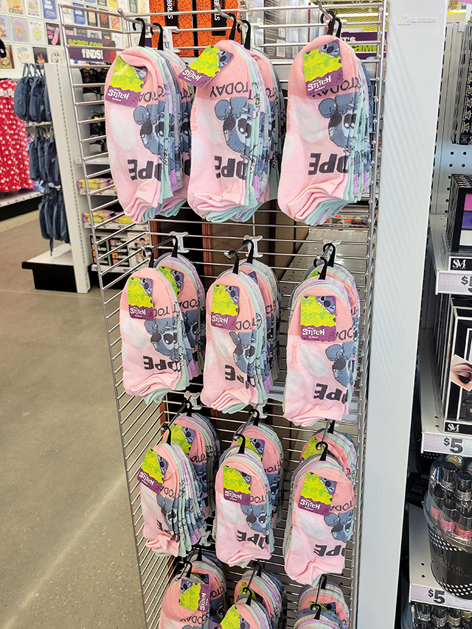 Disney character backpacks lined up like a childhood dream team&mdash;Stitch clearly winning the popularity contest among the elementary school set.