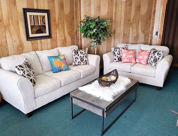 Living room goals achieved! This pristine sofa set looks showroom-fresh but costs a fraction of retail. Those throw pillows are just showing off.