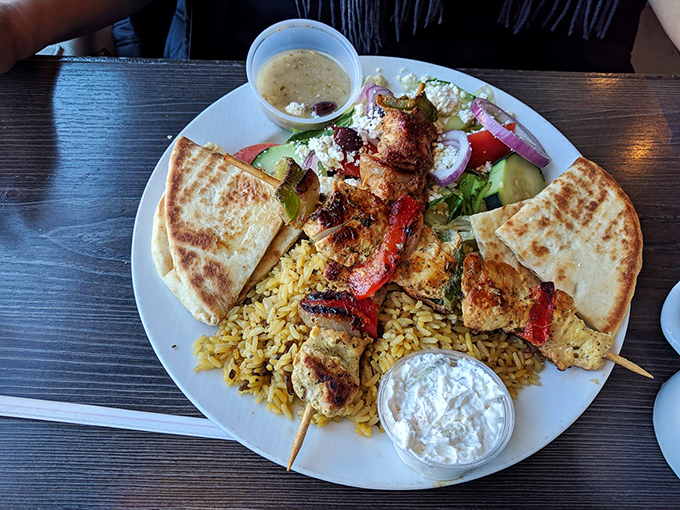Mediterranean vacation on a plate &ndash; grilled souvlaki, golden rice, and tzatziki so fresh you'll check your passport.