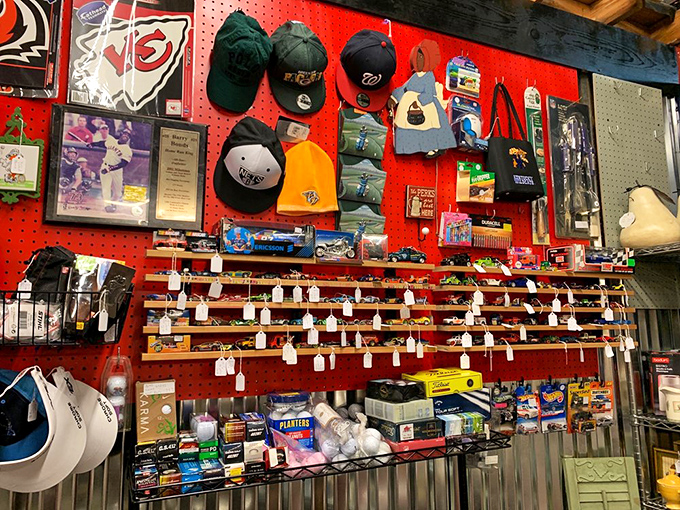 A sports memorabilia shrine that proves one fan's obsession is another's treasure hunt. Those vintage caps have seen more games than most ESPN commentators.