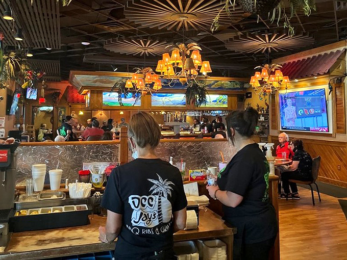 The staff proudly sports their Dee Jay's gear, knowing they're ambassadors of the gospel of good barbecue in the Northern Panhandle.