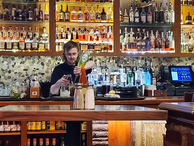 Mixology meets wilderness at the well-stocked bar. This bartender could probably tell you which bourbon pairs best with each fish on the menu.