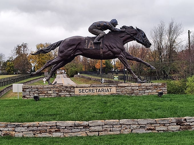 Secretariat in bronze, forever frozen mid-gallop. Even in statue form, he looks faster than my car on a good day.