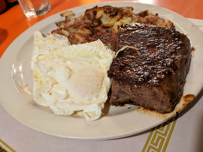A steak and eggs plate that answers the eternal question: "Why choose between breakfast and dinner when you can have both?"