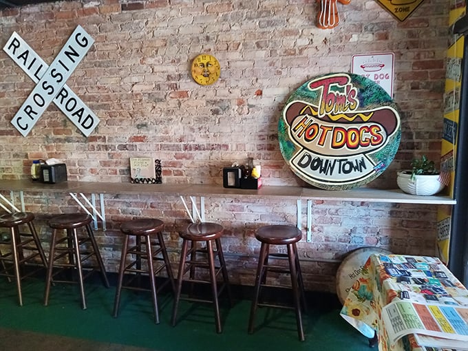 The counter seating along exposed brick walls tells you everything: this place values substance over style, flavor over fuss.