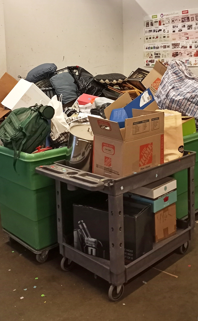 Behind the scenes: donation central, where yesterday's impulse buys begin their journey toward becoming tomorrow's thrifty treasures.