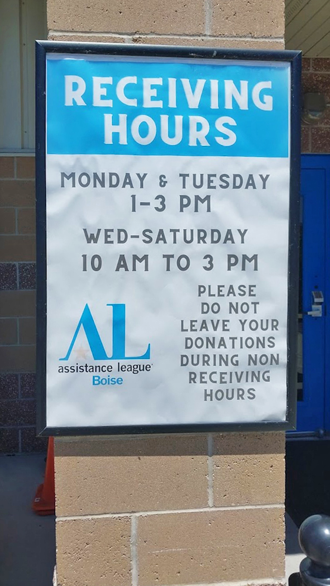 Even the donation hours sign has personality &ndash; a gentle reminder that good timing makes for better giving.
