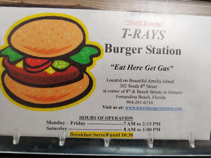 "Eat Here Get Gas"&mdash;the kind of honest advertising Madison Avenue could learn from. The world's most truthful slogan for a former filling station.