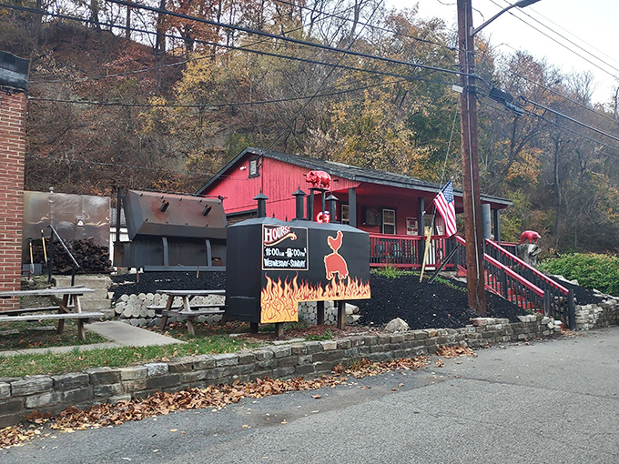 Fall colors complement the red exterior, with the American flag adding patriotic flair&mdash;because loving great barbecue is practically constitutional.