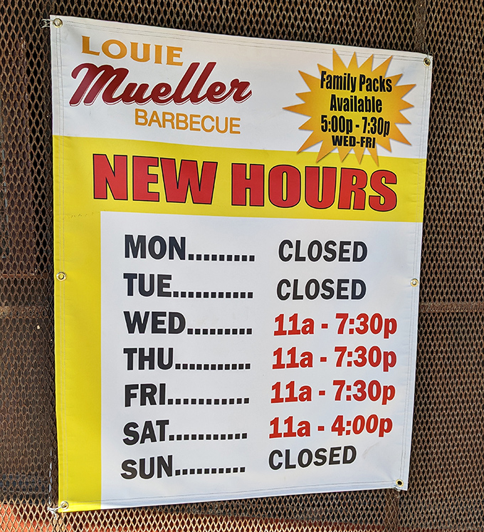 The hours posted like a challenge: "Plan accordingly or miss out entirely." In barbecue, as in life, timing is everything.