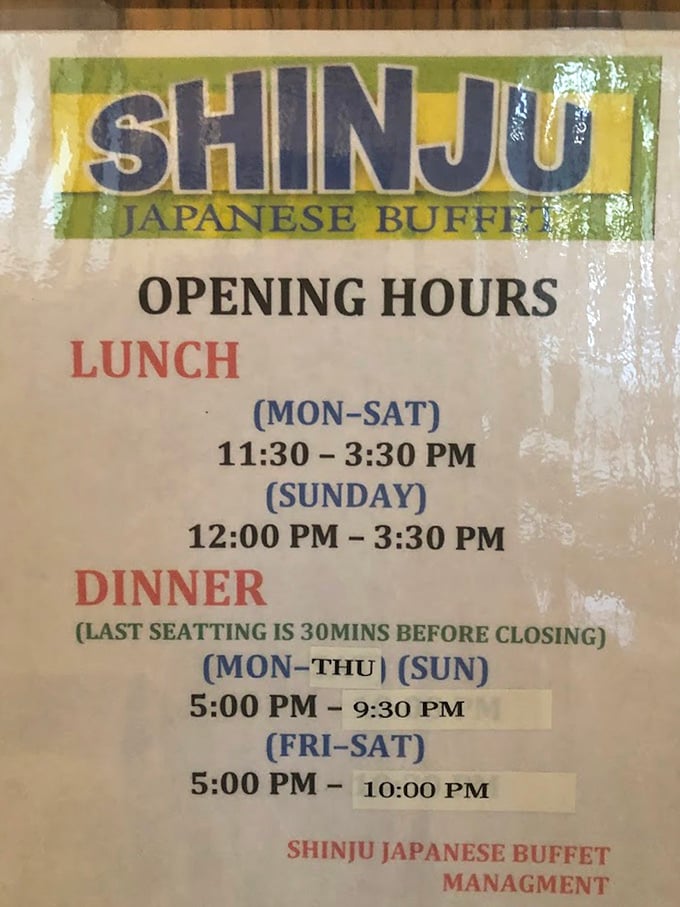 The hours of operation: crucial information for planning your day around maximum eating opportunities. Some people schedule meetings; we schedule buffets.