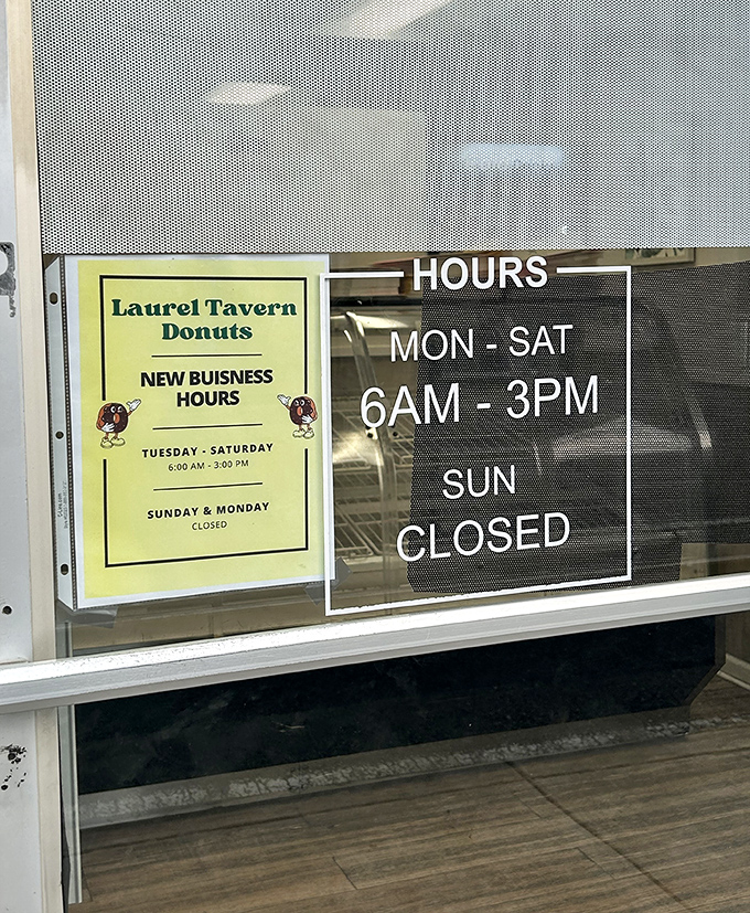 The hours sign delivers both good news and heartbreak&mdash;open early for the early birds, but closed Sundays for donut detox.