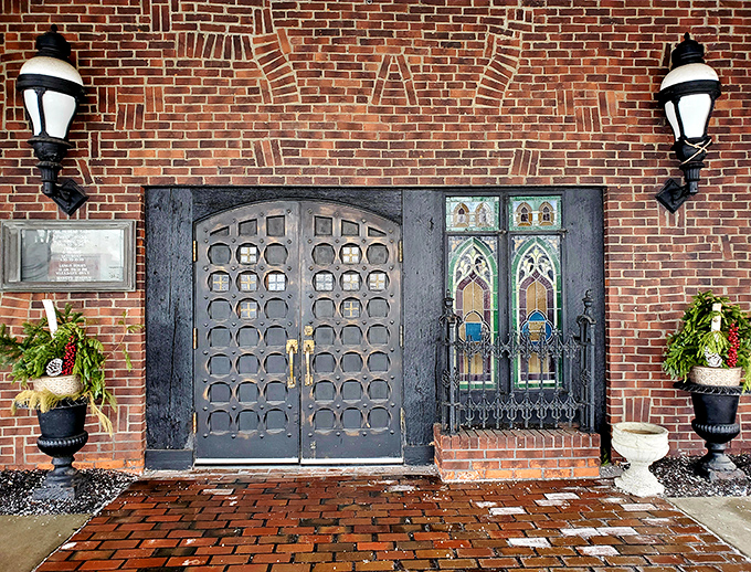 Those fortress-like doors with stained glass accents say "special occasion" before you even make it inside.