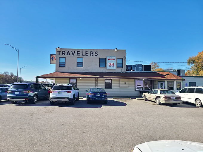 A full parking lot is the universal sign language for "the food inside is worth waiting for." Nebraska's breakfast beacon on a sunny day.