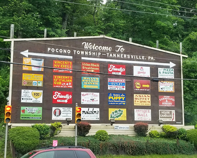 The "Welcome to Tannersville" sign &ndash; a roadside Rosetta Stone for visitors seeking everything from NY deli sandwiches to fireworks.