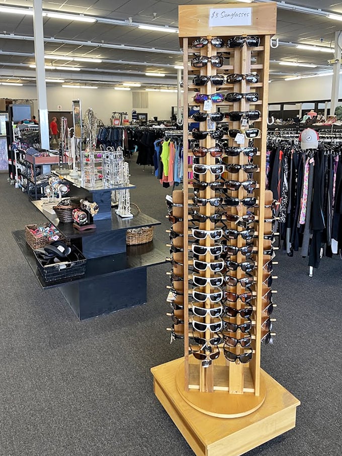 Sunglasses galore! Like a Hollywood prop department for people who want to look mysterious while grocery shopping without paying celebrity prices.