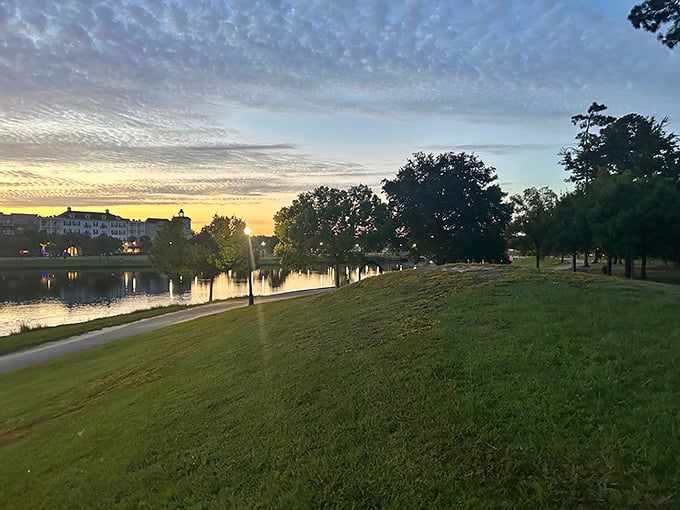 Sunset transforms the lake into a mirror of golden light&mdash;nature's way of saying "you've shopped enough, now enjoy this view."