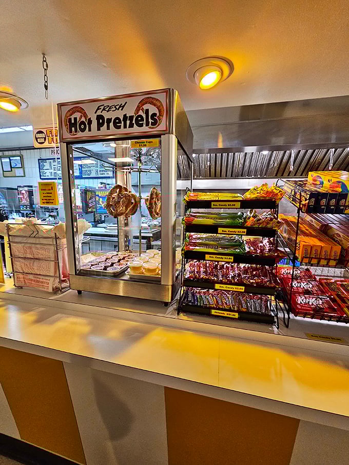 Hot pretzels and candy bars standing by for their supporting roles in tonight's feature presentation. No Oscar nominations, but plenty of satisfied customers.