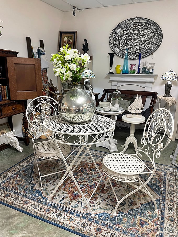 Vintage elegance meets garden charm in this white wrought iron bistro set&mdash;perfect for sipping morning coffee while plotting your next treasure hunt.