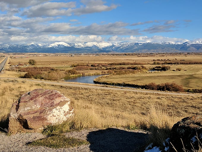 Autumn's golden touch turns fields into treasure as the road stretches toward mountains that refuse to be upstaged by seasonal colors.