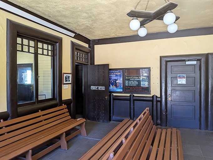 Simple wooden benches and vintage fixtures transport waiting passengers to a simpler time. No airport security lines here&mdash;just anticipation and history.