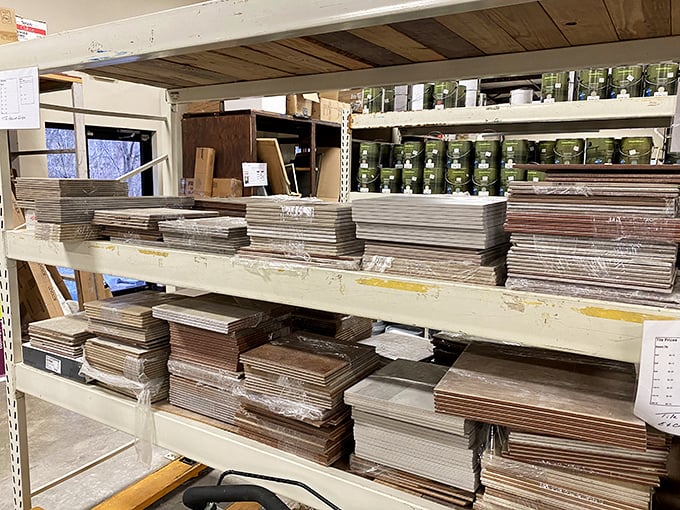 Flooring options stack up nicely in the building materials section. Tile, laminate, and hardwood remnants make small projects suddenly affordable.