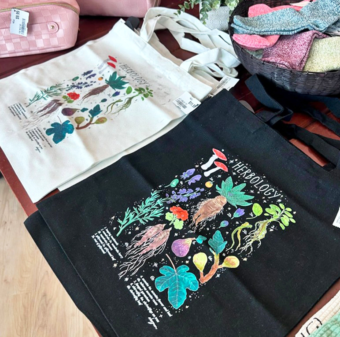 Tote bags featuring whimsical botanical designs that make plastic bags look like the fashion crime they truly are.