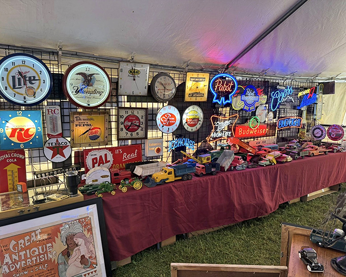 Vintage advertising comes alive through illuminated beer signs and classic logos, each one a glowing portal to America's commercial past.