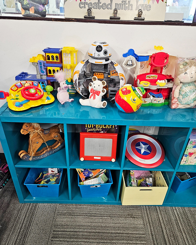 Childhood nostalgia fills these colorful shelves. That BB-8 toy and Captain America shield await new adventures with the next generation of imaginative kids.